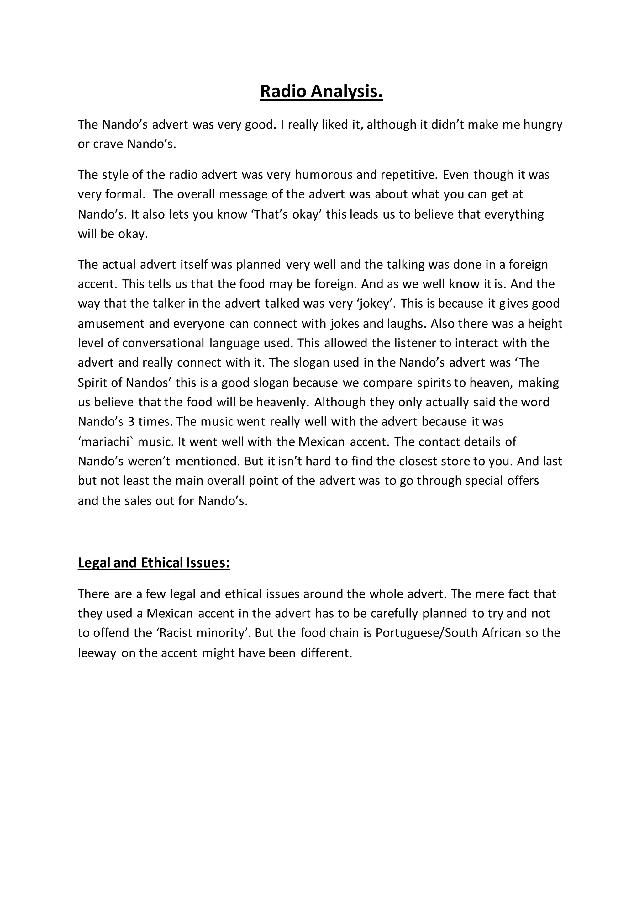 Nando's radio analysis | DOCX