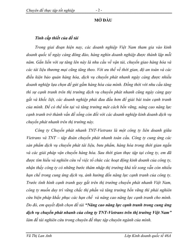 Nâng cao năng lực cạnh tranh trong cung ứng dịch vụ chuyển phát nhanh của công ty TNT-Vietrans ...