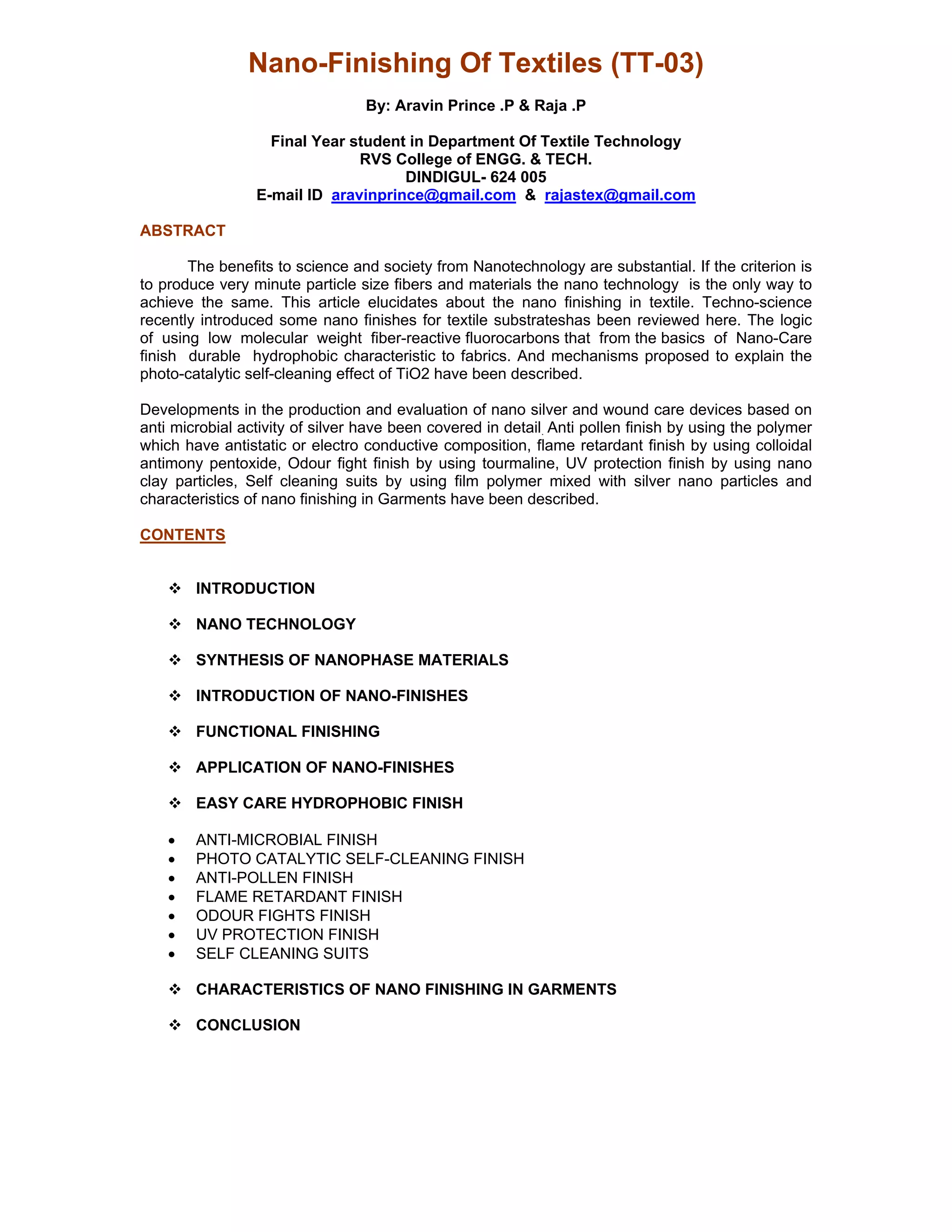 Nano Finishing Of Textiles | PDF