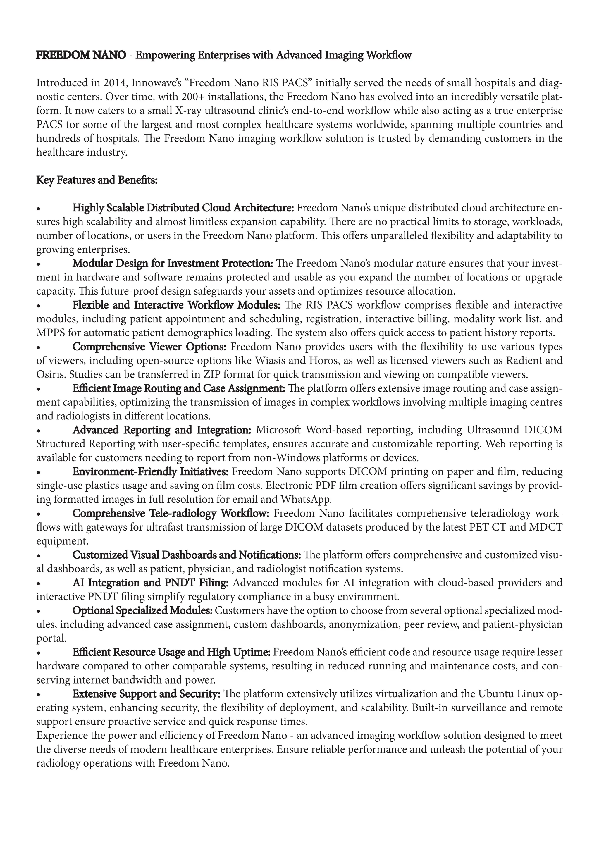 INNOWAVE FREEDOM NANO Enterprise PACS Solution | PDF