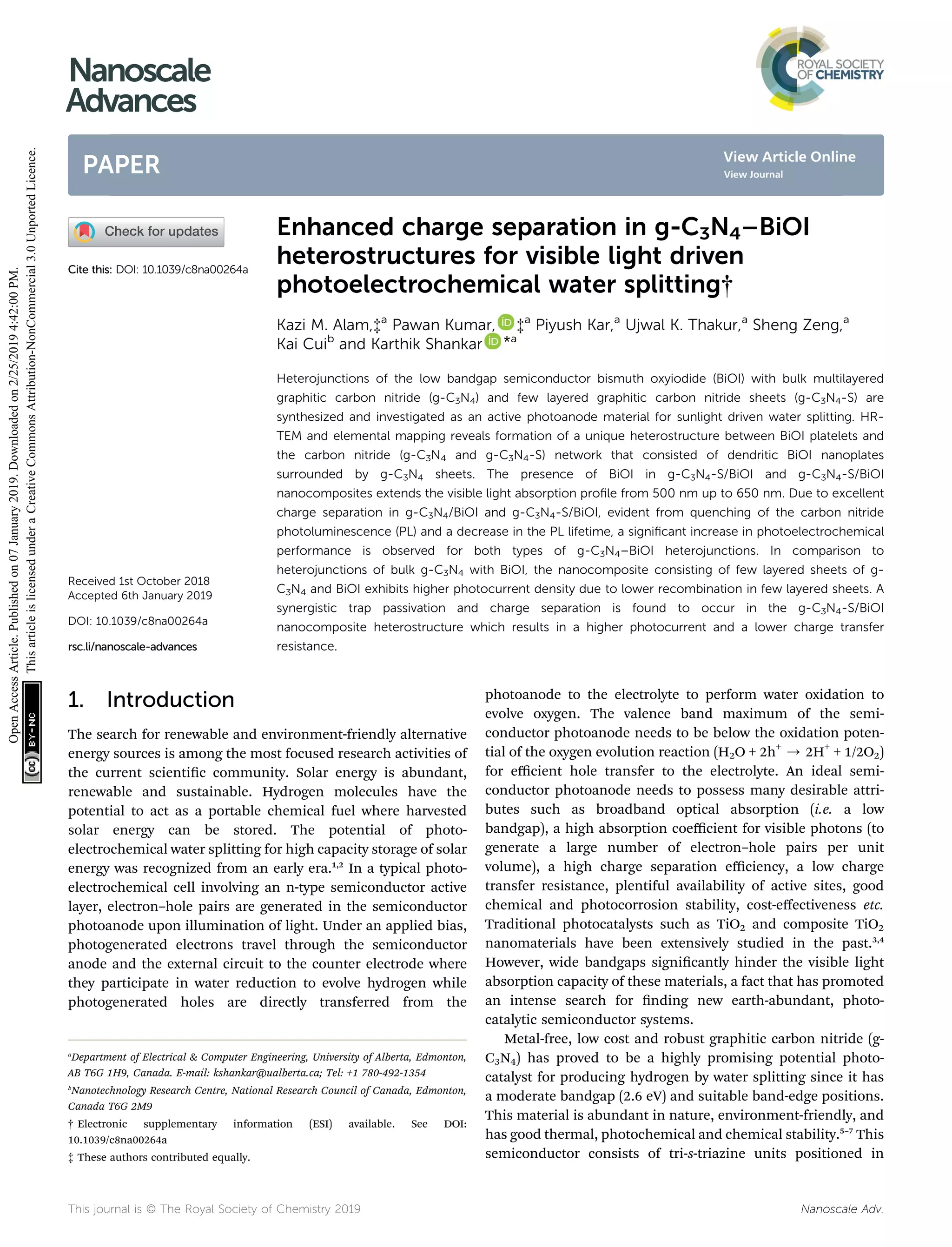 Enhanced Charge Separation In G C3n4bioi Heterostructures For Visible