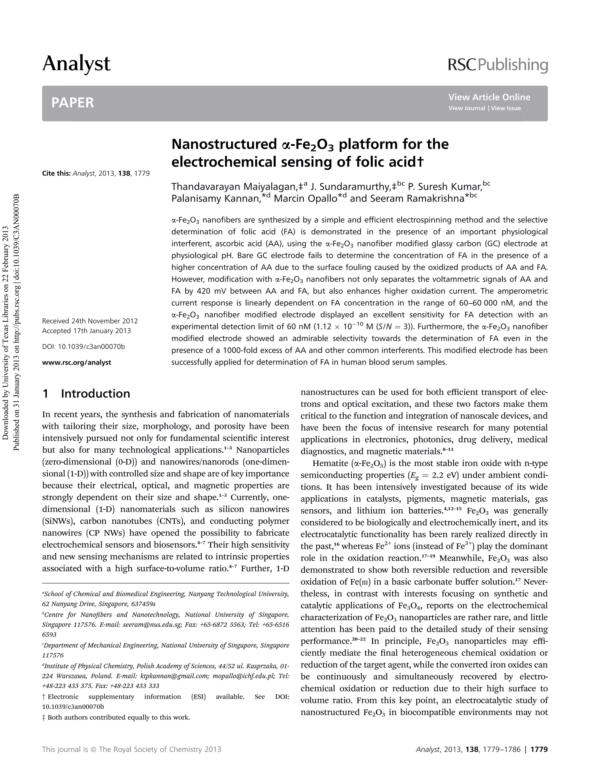 Nanostructured fe2 o3 platform for the electrochemical sensing of folic ...
