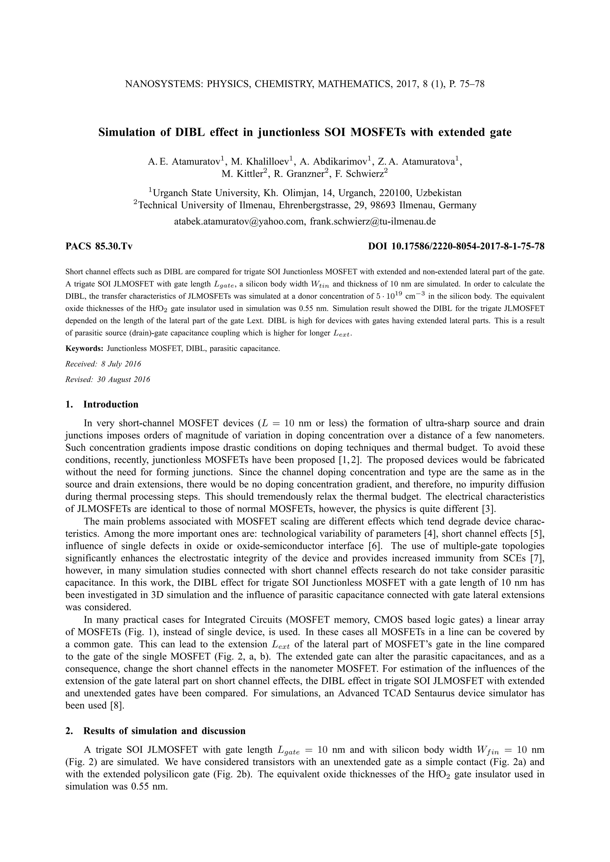 Simulation Of Dibl Effect In Junctionless Soi Mosfets With Extended
