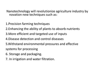 Nanotechnology in agriculture ,animal husbandry and food | PPTX | Agriculture | Industries