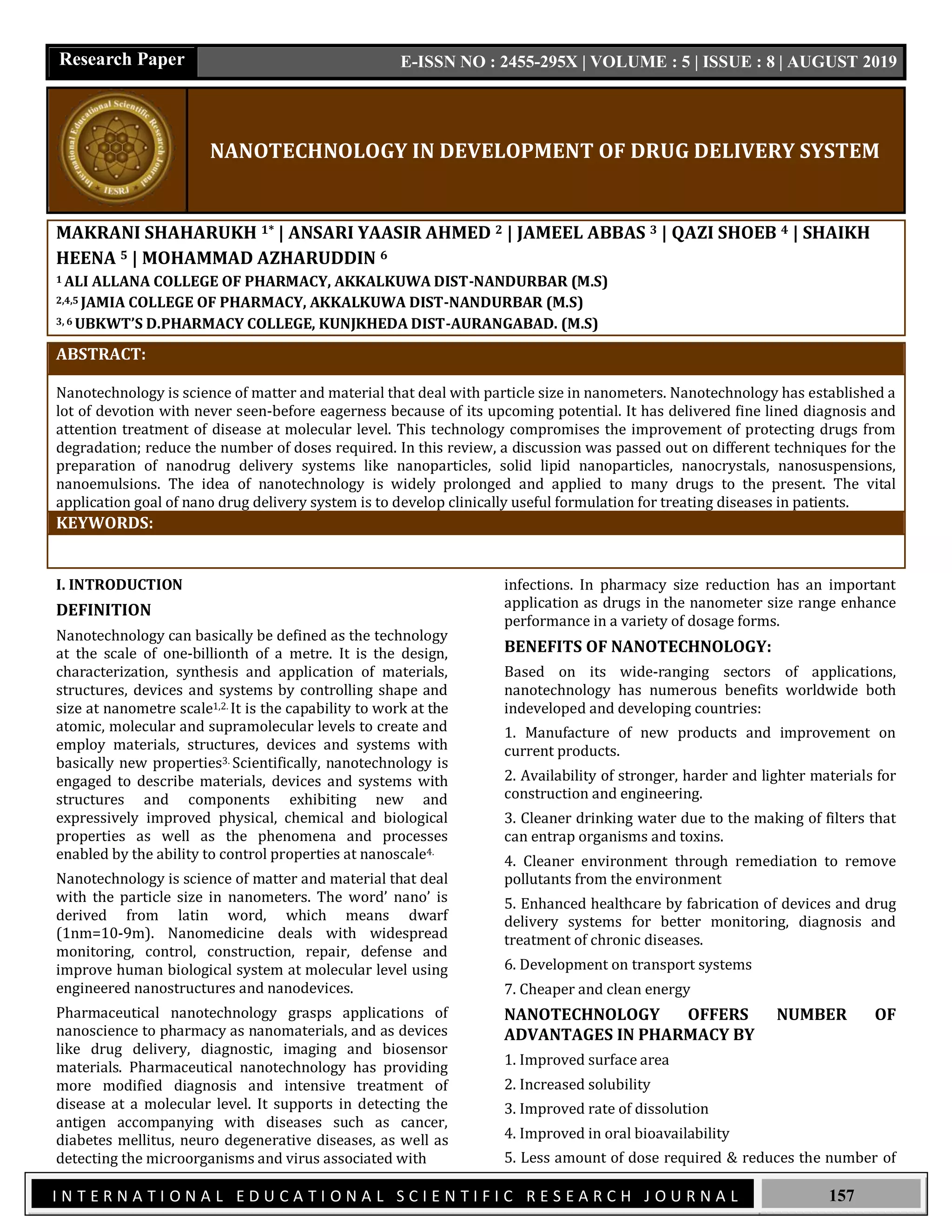 NANOTECHNOLOGY IN DEVELOPMENT OF DRUG DELIVERY SYSTEM | PDF