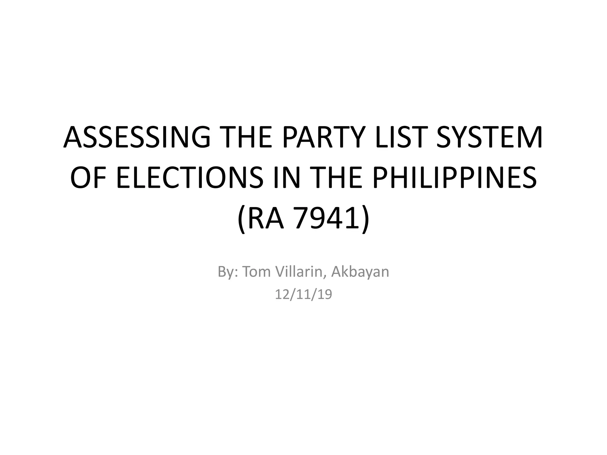 Party List System in the Philippines: An Assessment | PPTX