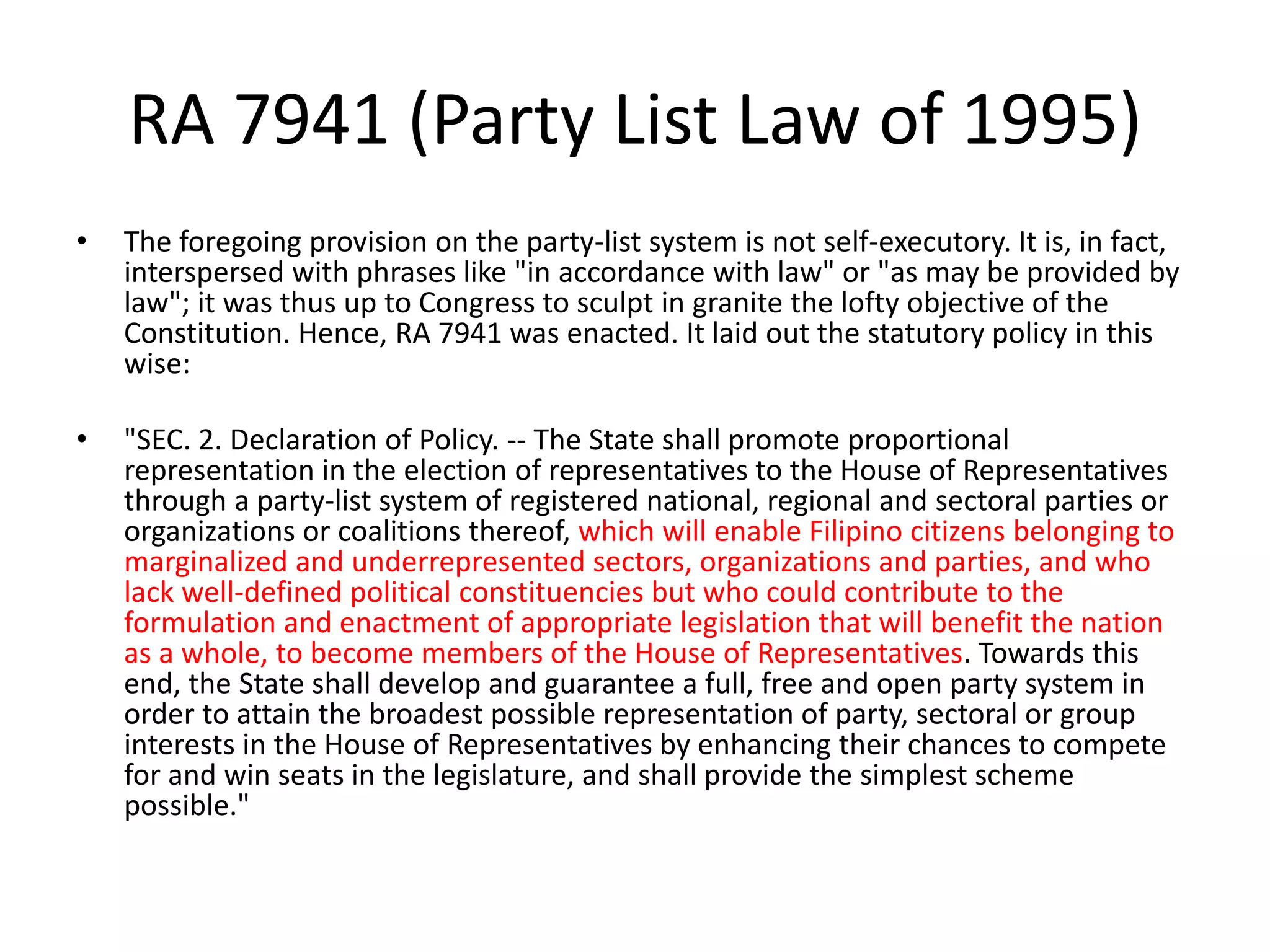 Party List System in the Philippines: An Assessment | PPTX