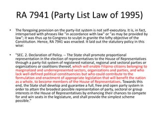 Party List System in the Philippines: An Assessment | PPTX