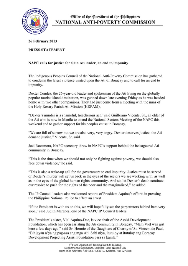 Napc press statement on the killing of Dexter Condez | PDF | Politics