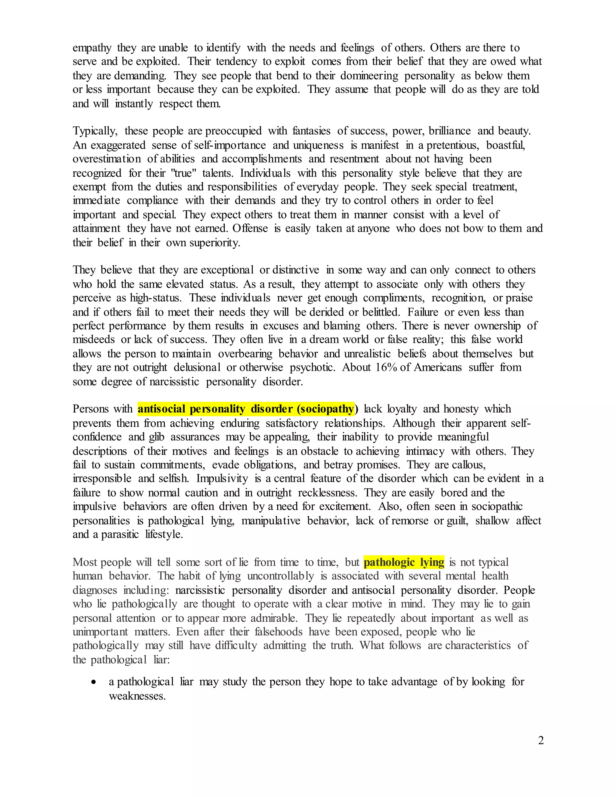 Narcissistic Personality Disorder^j Sociopathy and Pathologic Lying | DOCX