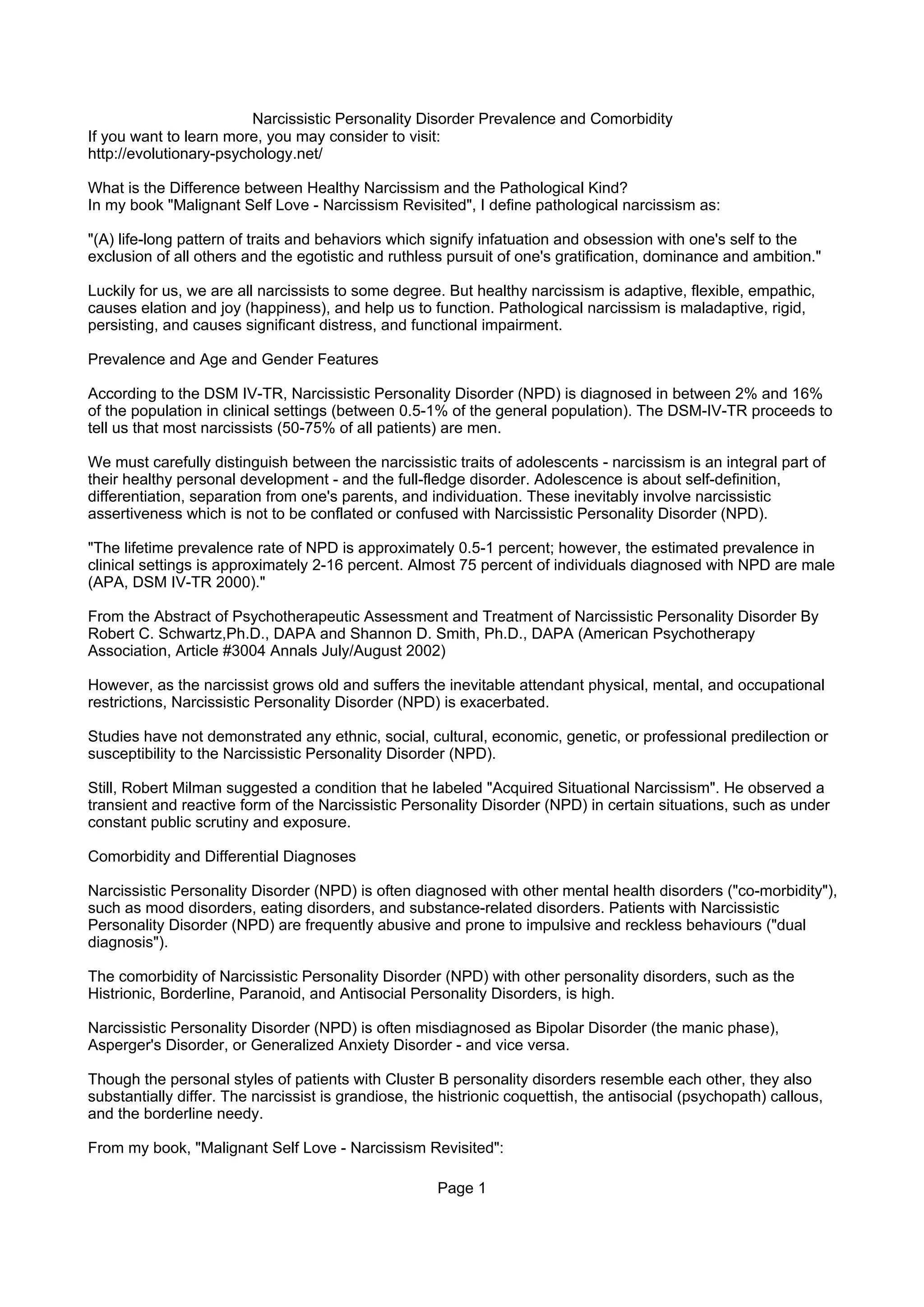 Narcissistic Personality Disorder Prevalence and Comorbidity | PDF ...