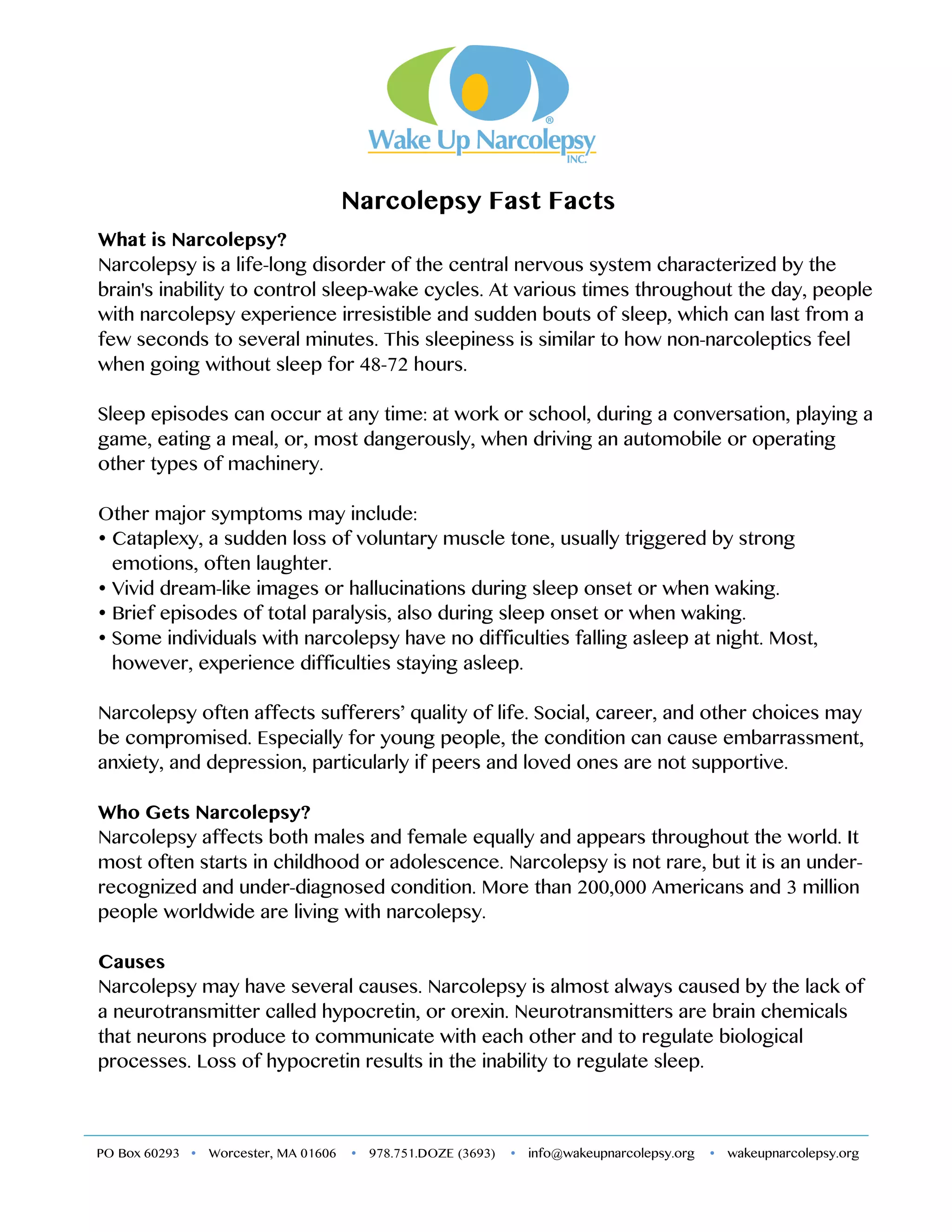 Narcolepsy Facts & Symptoms | Call 978-751-DOZE | PDF