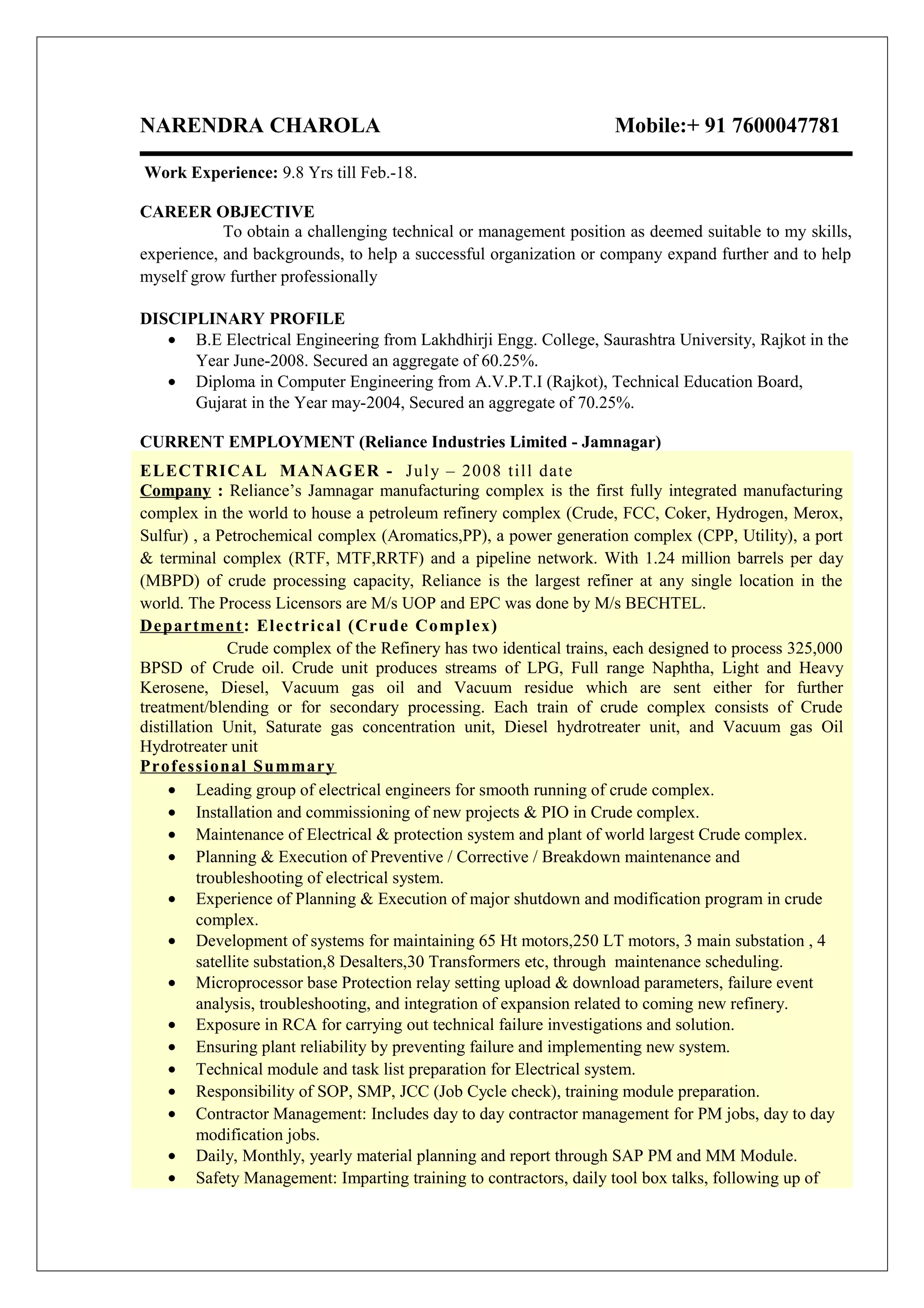 Narendra@working reliance CV | DOC