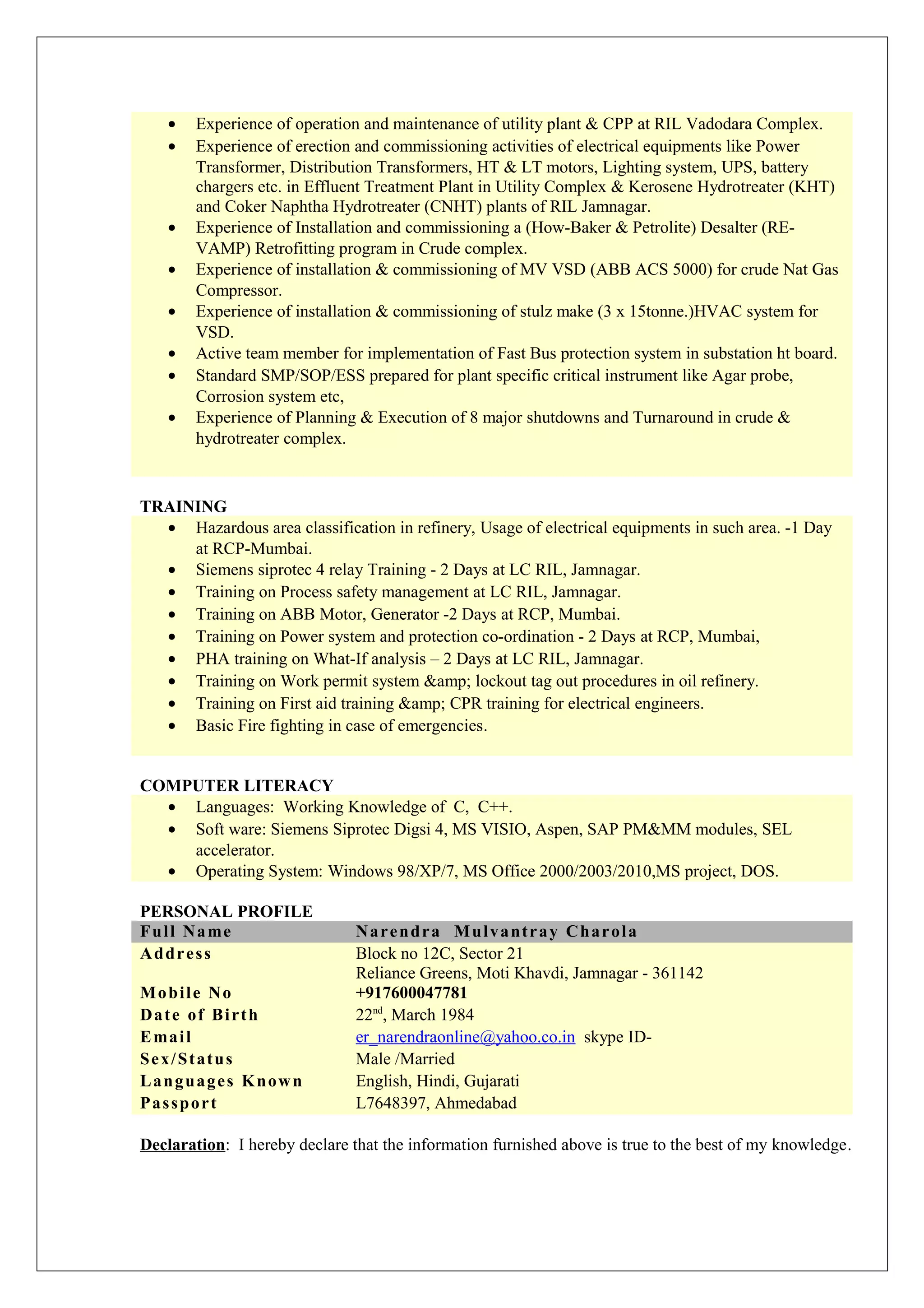 Narendra@working reliance CV | DOC