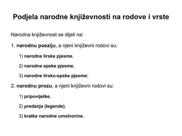 Narodna (usmena) književnost - karakteristike, podjela, vrste | PPTX