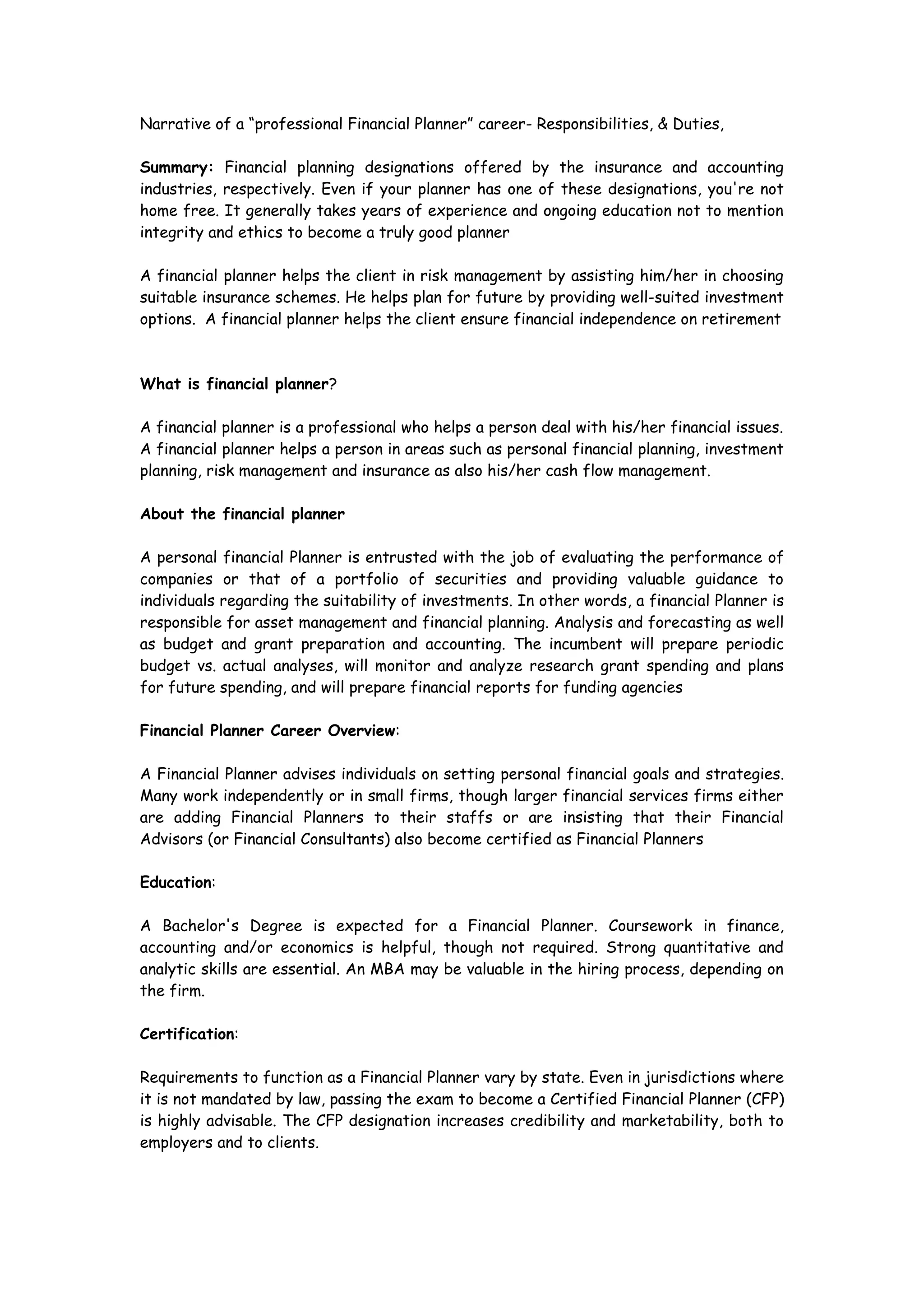 Narrative of a “professional financial planner” career responsibilities ...