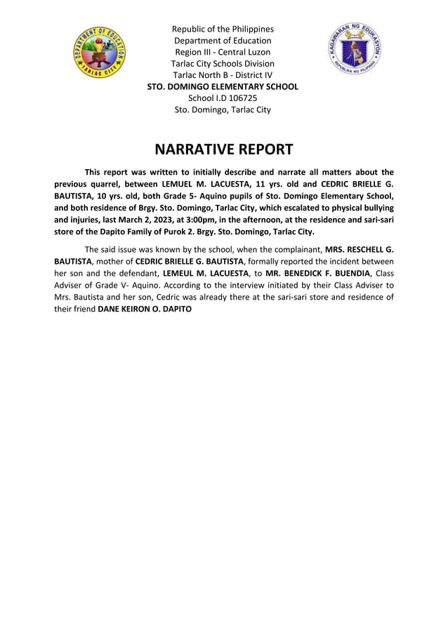 SAMPLE NARRATIVE REPORT/ ANECDOTAL RECORD ABOUT LEARNERS BULLYING ...