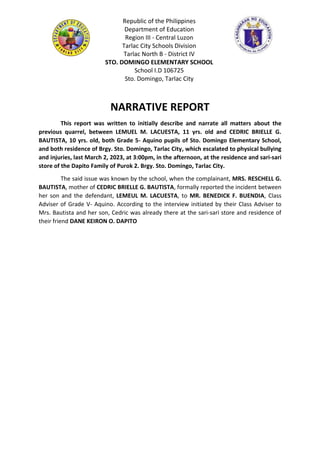 SAMPLE NARRATIVE REPORT/ ANECDOTAL RECORD ABOUT LEARNERS BULLYING ...