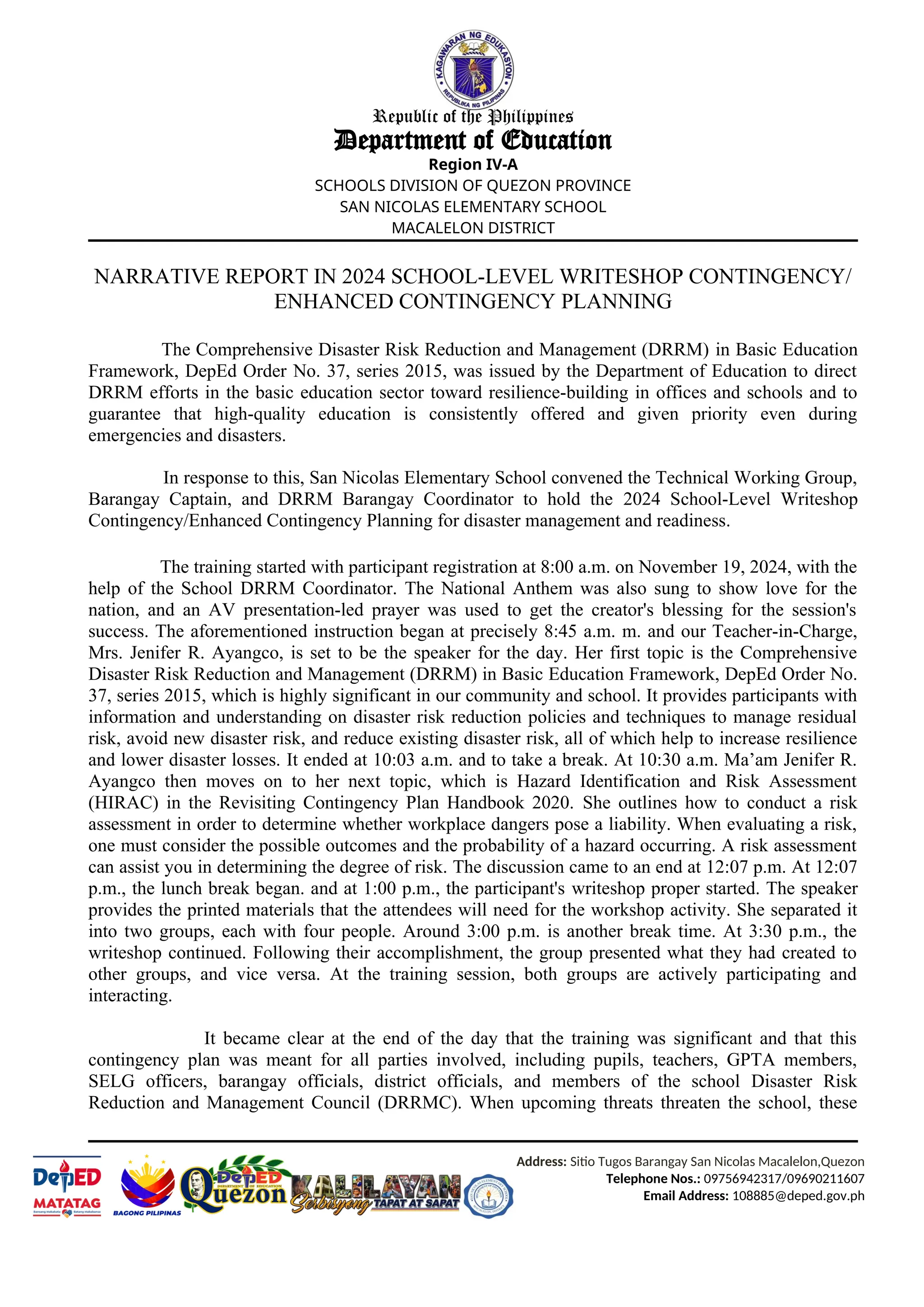 NARRATIVE REPORT ON DISASTER RISK AND REDUCTION | DOCX