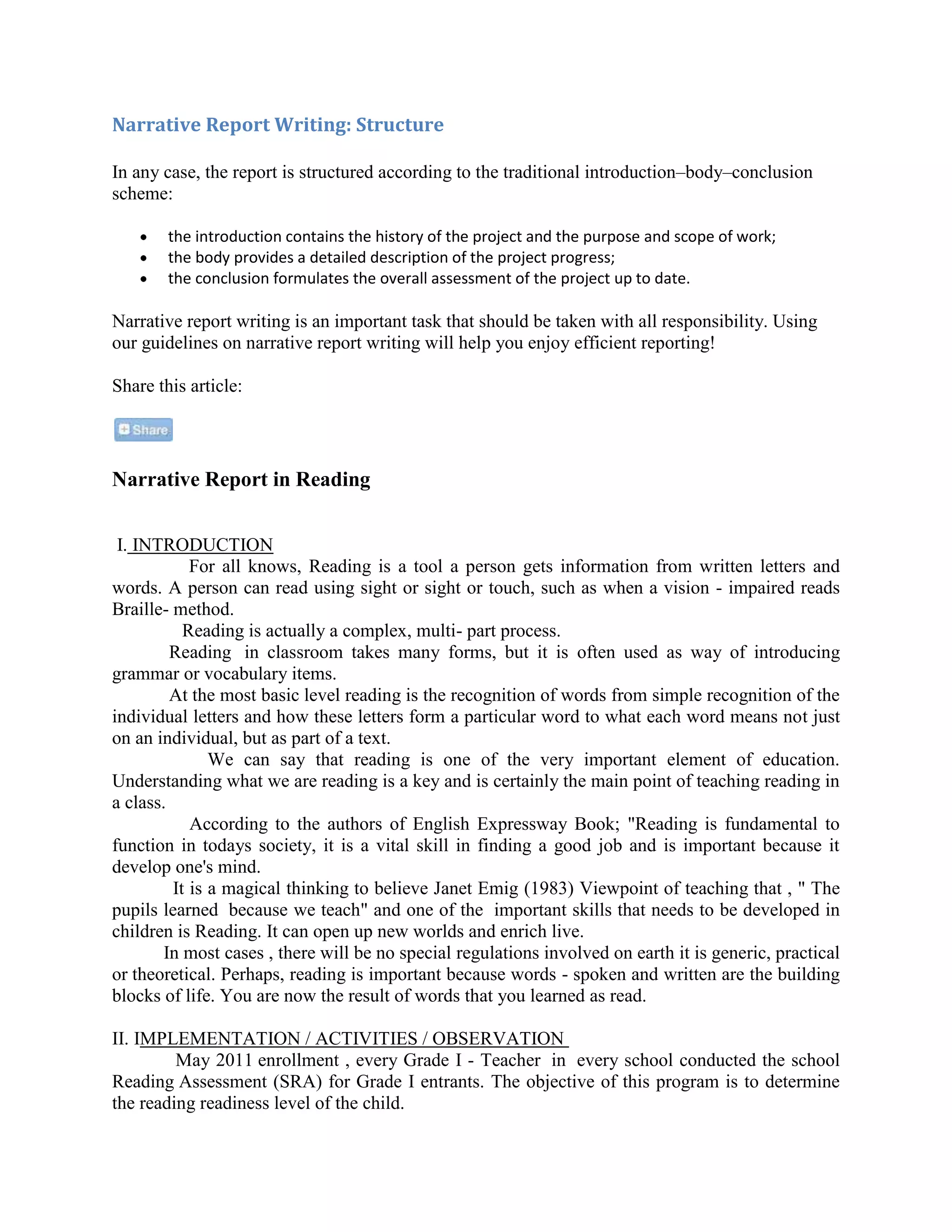 Narrative report in reading samples | DOCX