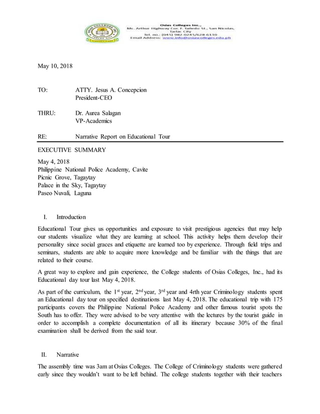 Narrative report on educational tour | DOCX | Educational Assessment ...