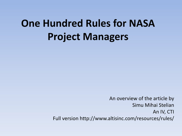 100 NASA Project Managment Rules | PPT