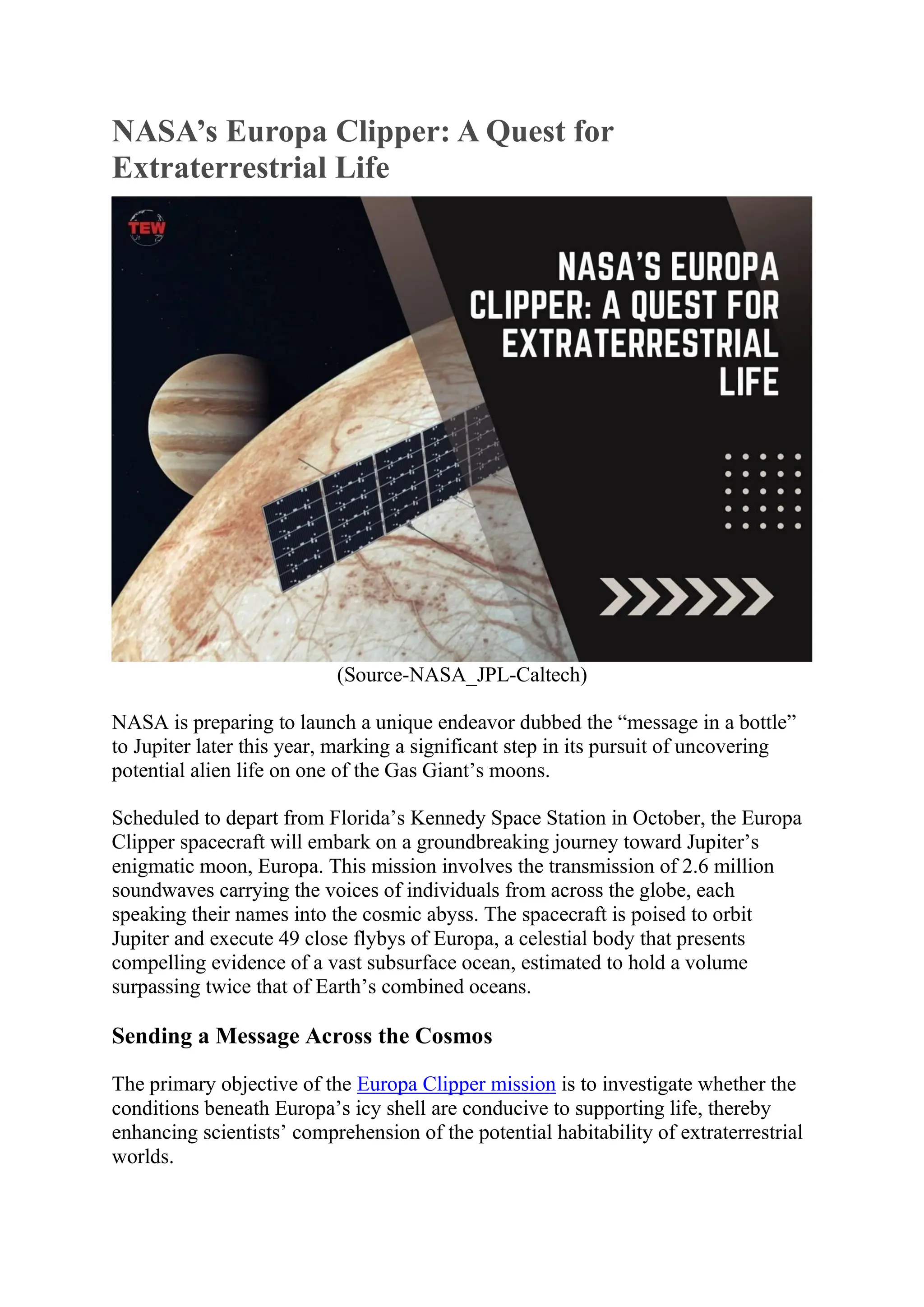 NASA's Europa Clipper Mission: Quest for Extraterrestrial Life | The ...