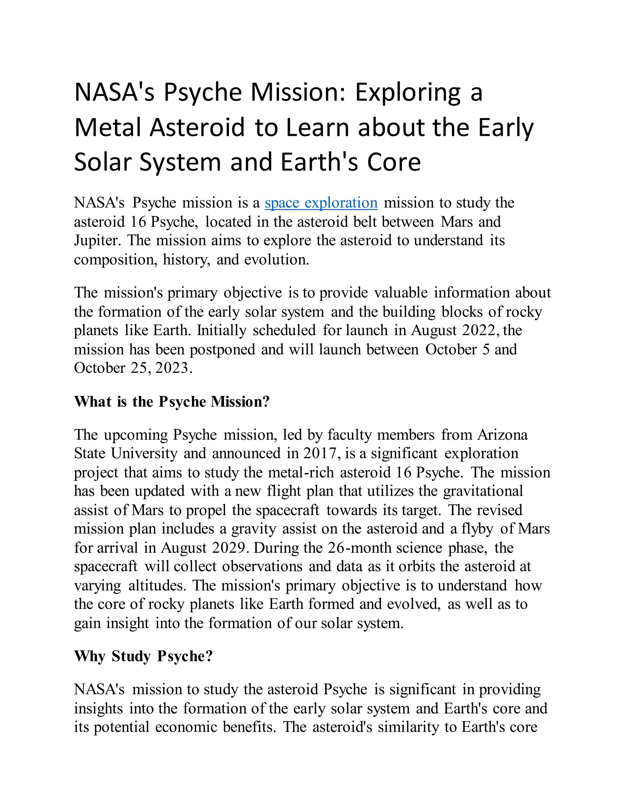 NASA's Psyche Mission: Exploring a Metal Asteroid to Learn about the ...