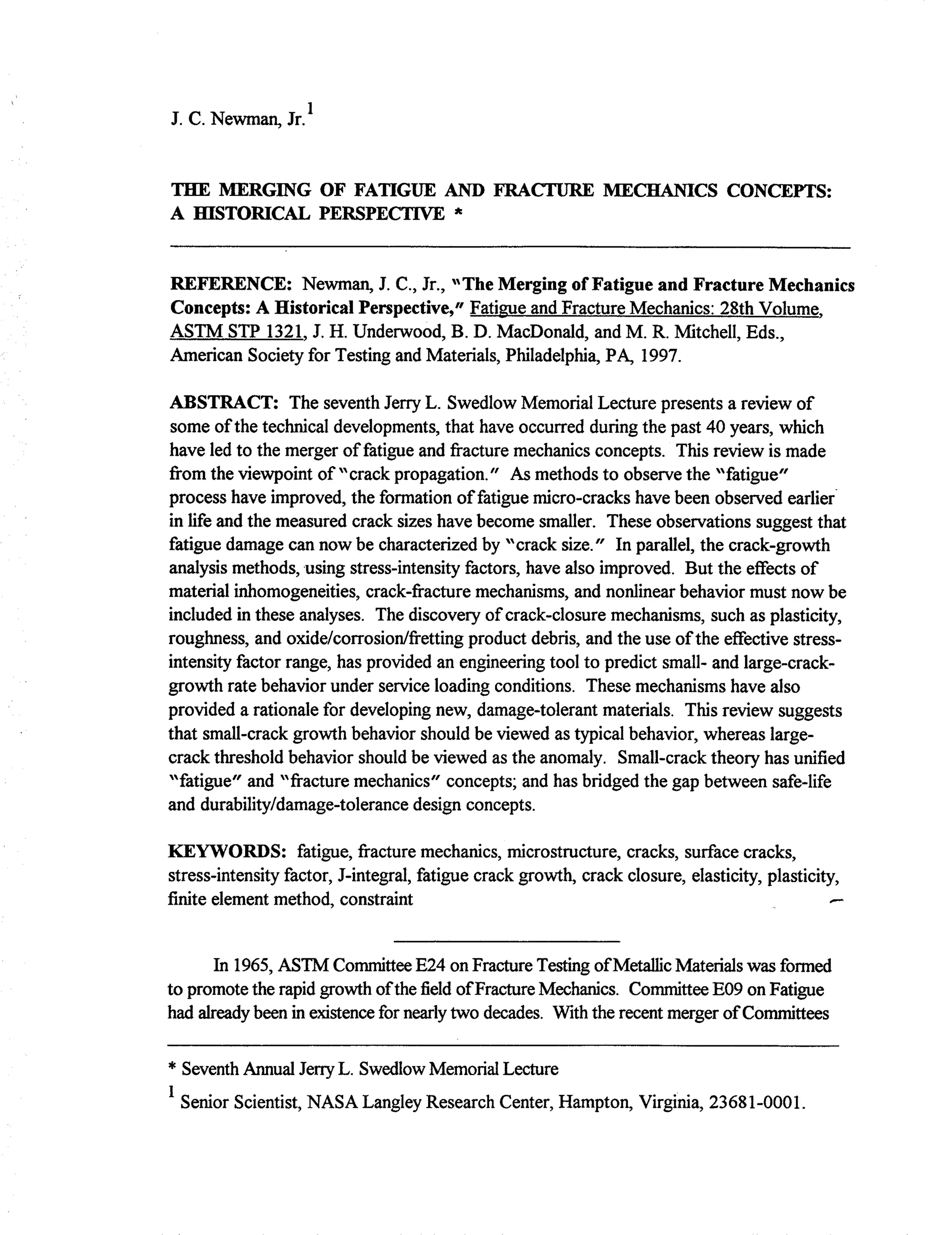 Nasa the merging of fatigue and fracture mechanics concepts | PDF
