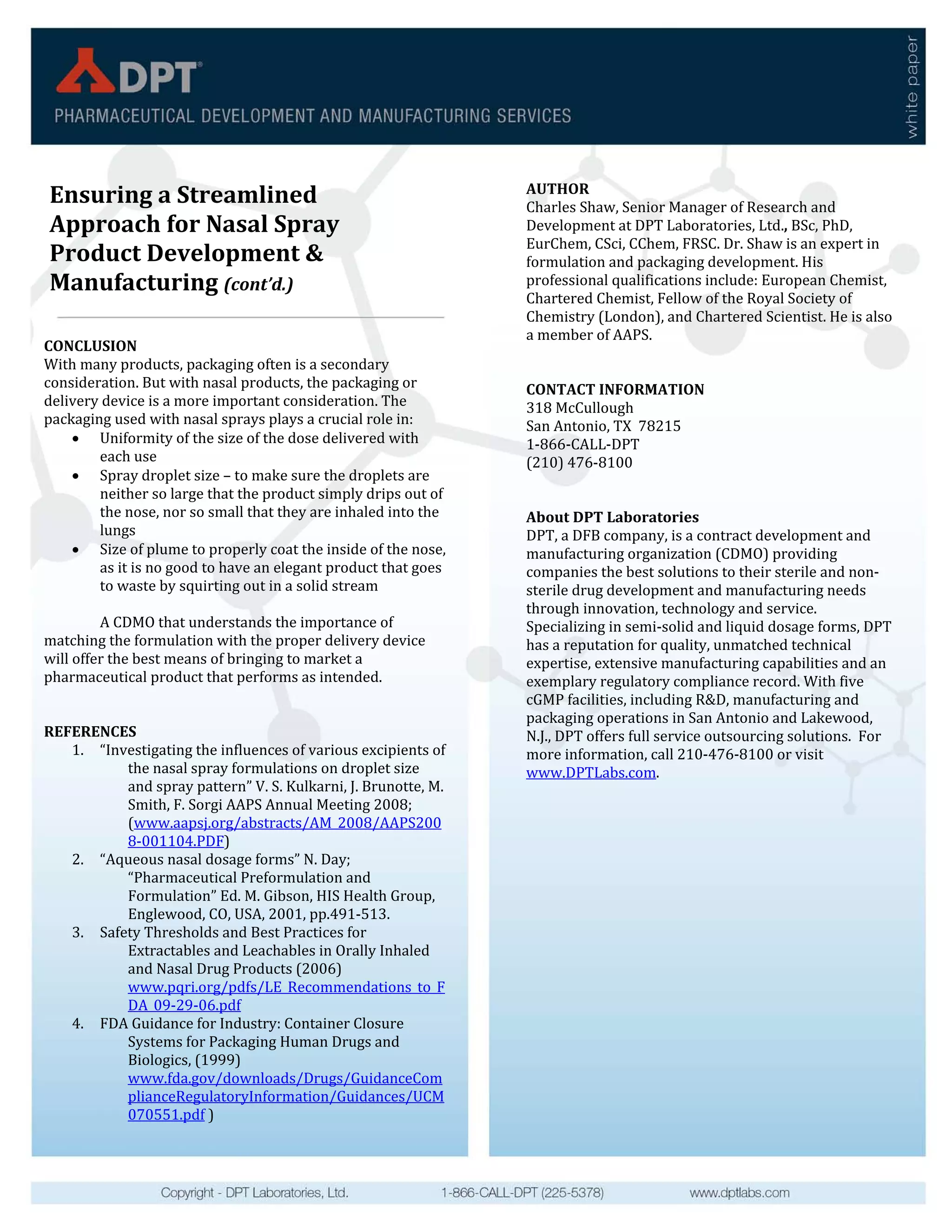 Nasal Spray Development And Manufacturing (1) | PDF