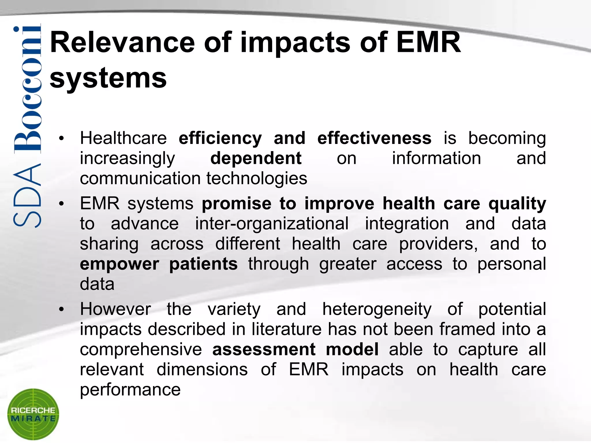 Impacts of EMR on healthcare performance: an assessment framework and ...