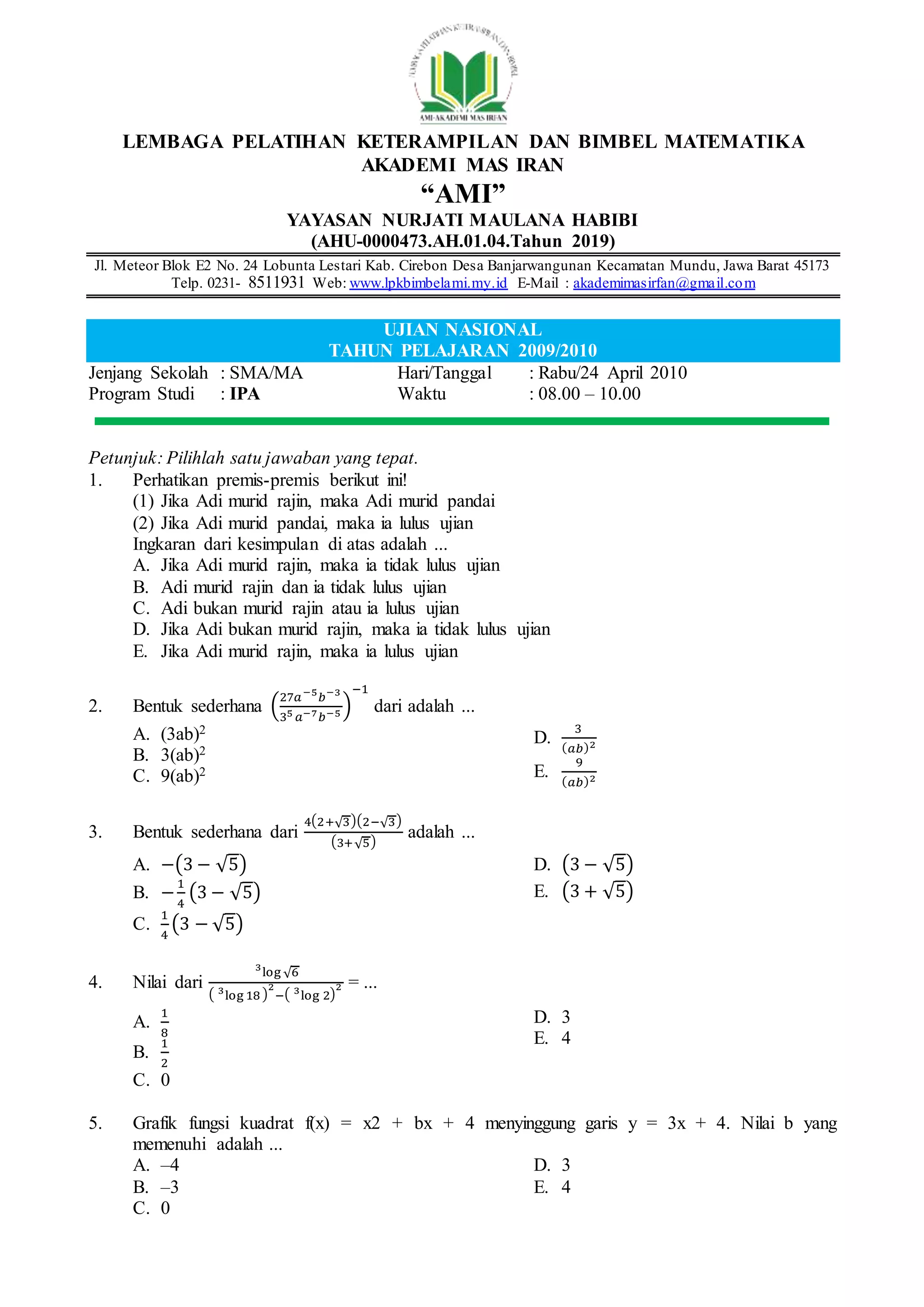 Naskah Asli UN Matematika SMA IPA 2010 | DOCX