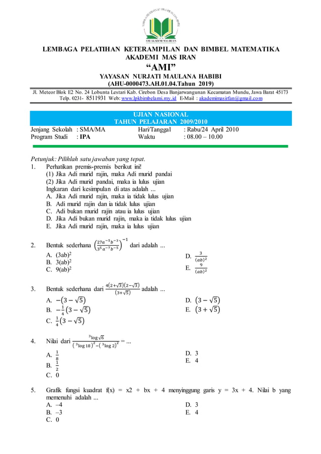 Naskah Asli UN Matematika SMA IPA 2010 | PDF