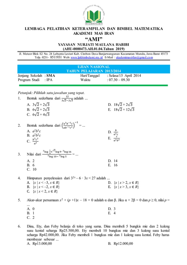 Naskah Asli UN Matematika SMA IPA 2014 | DOCX
