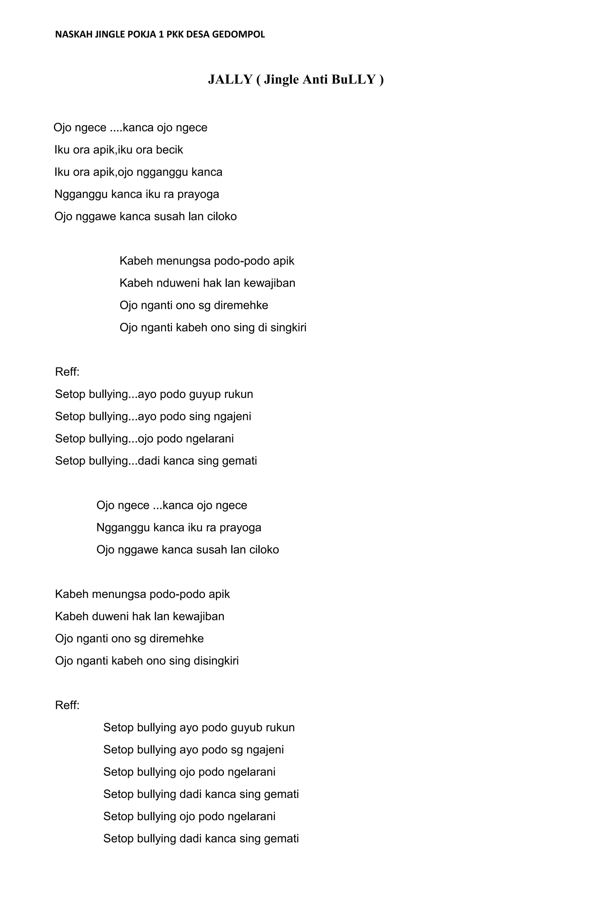 NASKAH JINGLE POKJA 1 PKK DESA GEDOMPOL PEKAN KARYA INOVASI PKK DAERAH | PDF