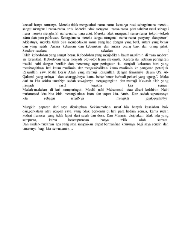 Naskah pidato untuk acara peringatan maulid nabi muhammad saw | DOCX