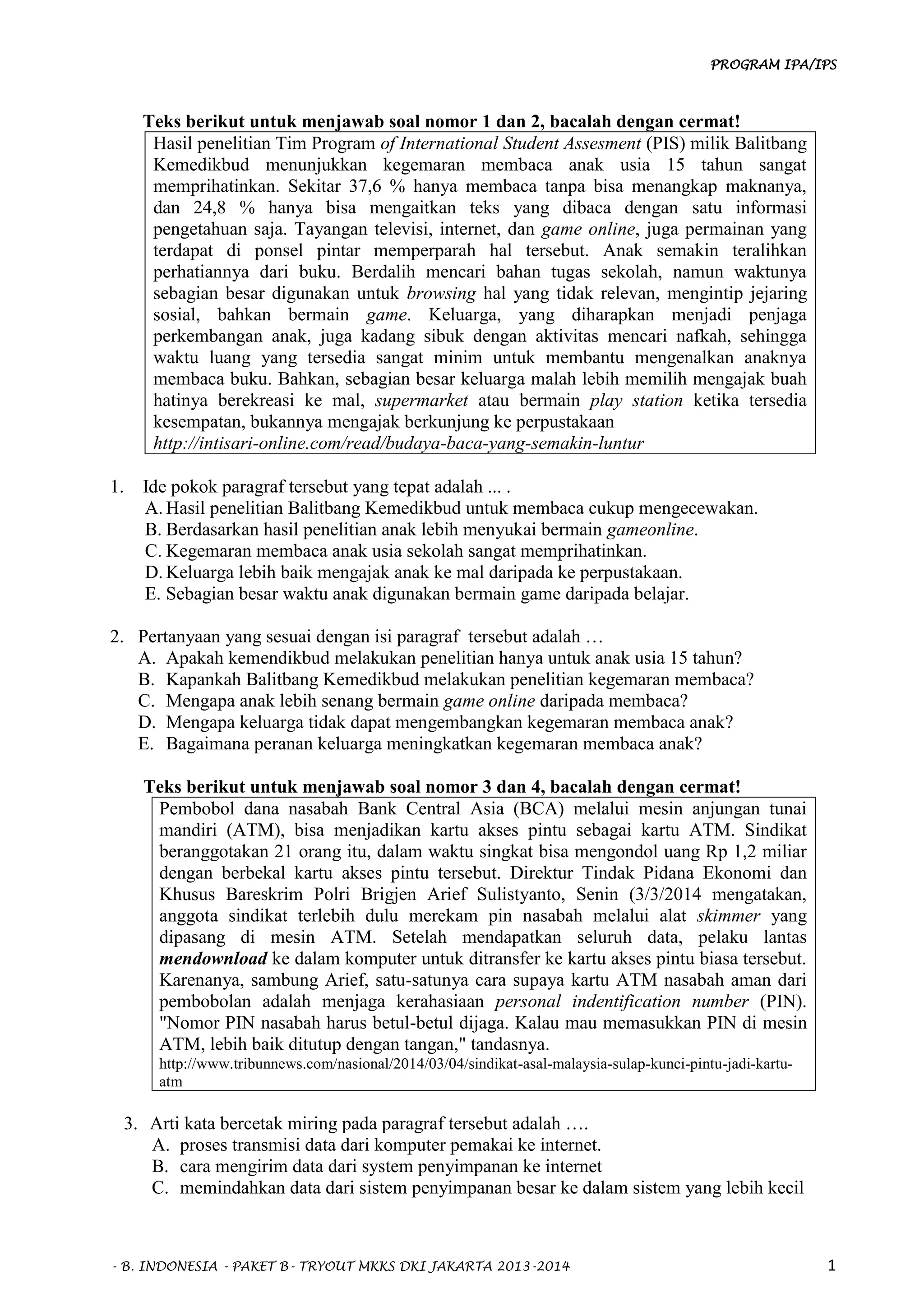 TRYOUT 4 BHS INDONESIA PAKET B | DOCX