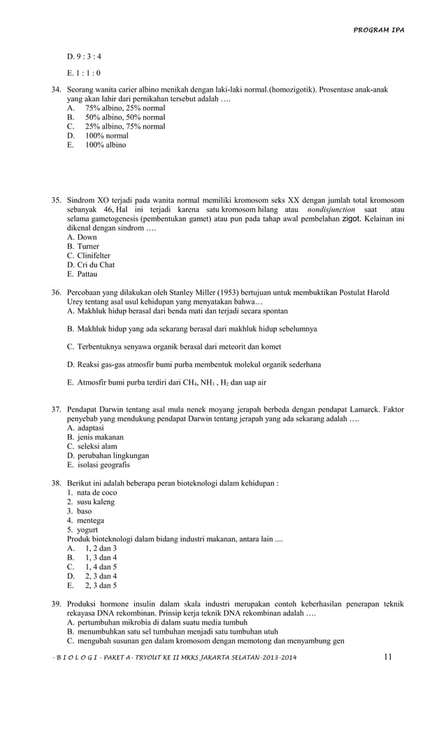 Soal Tryout Biologi Paket A | DOC