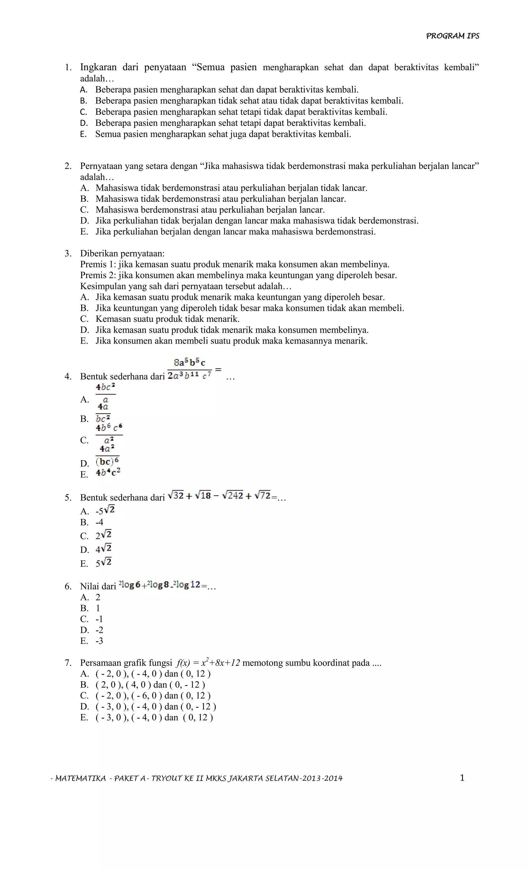 Soal tryout matematika paket a ips | DOCX