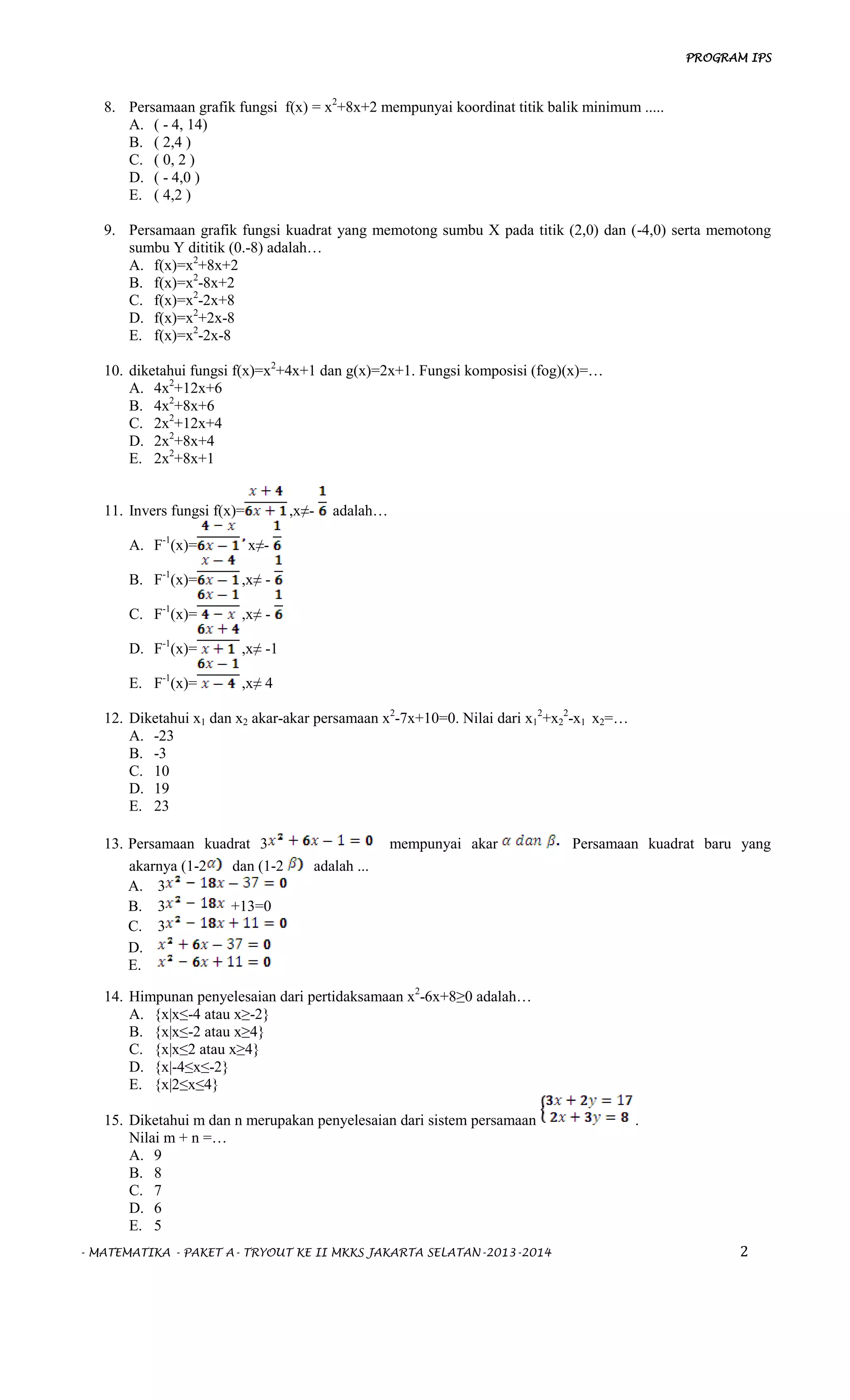 Soal tryout matematika paket a ips | DOCX
