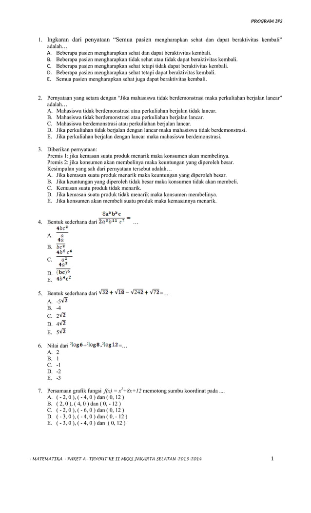 Soal tryout matematika paket a ips | PDF