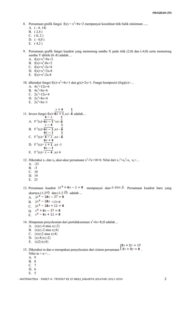 Soal tryout matematika paket a ips | PDF