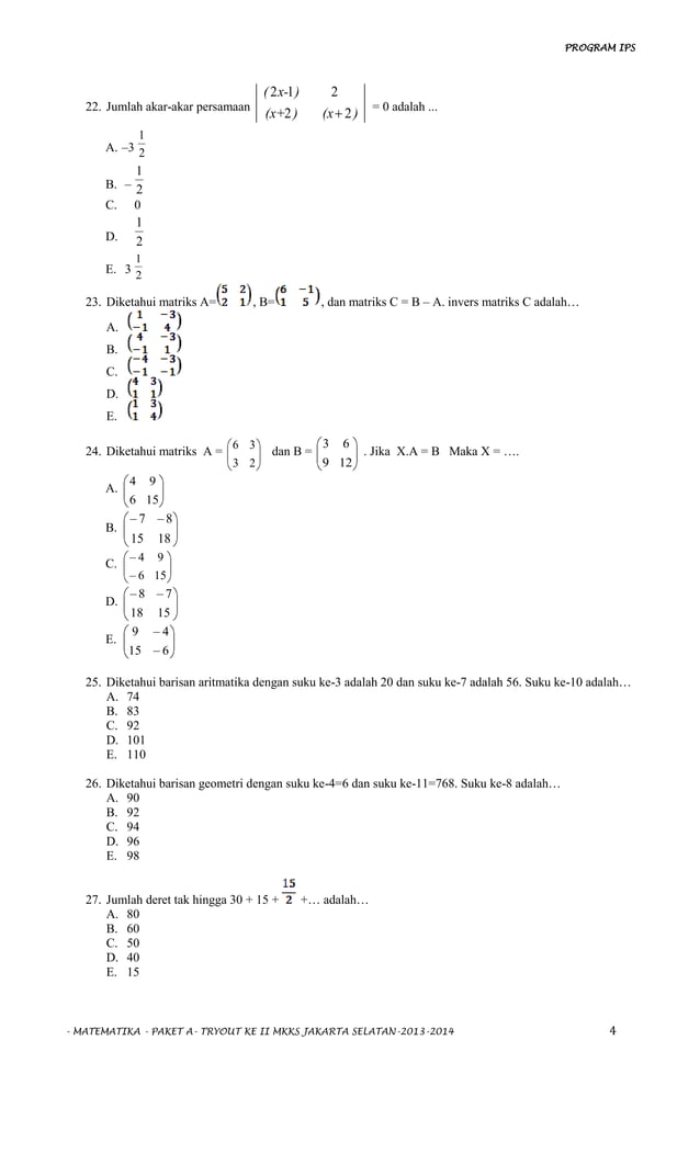 Soal tryout matematika paket a ips | PDF