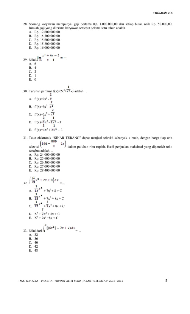 Soal tryout matematika paket a ips | PDF