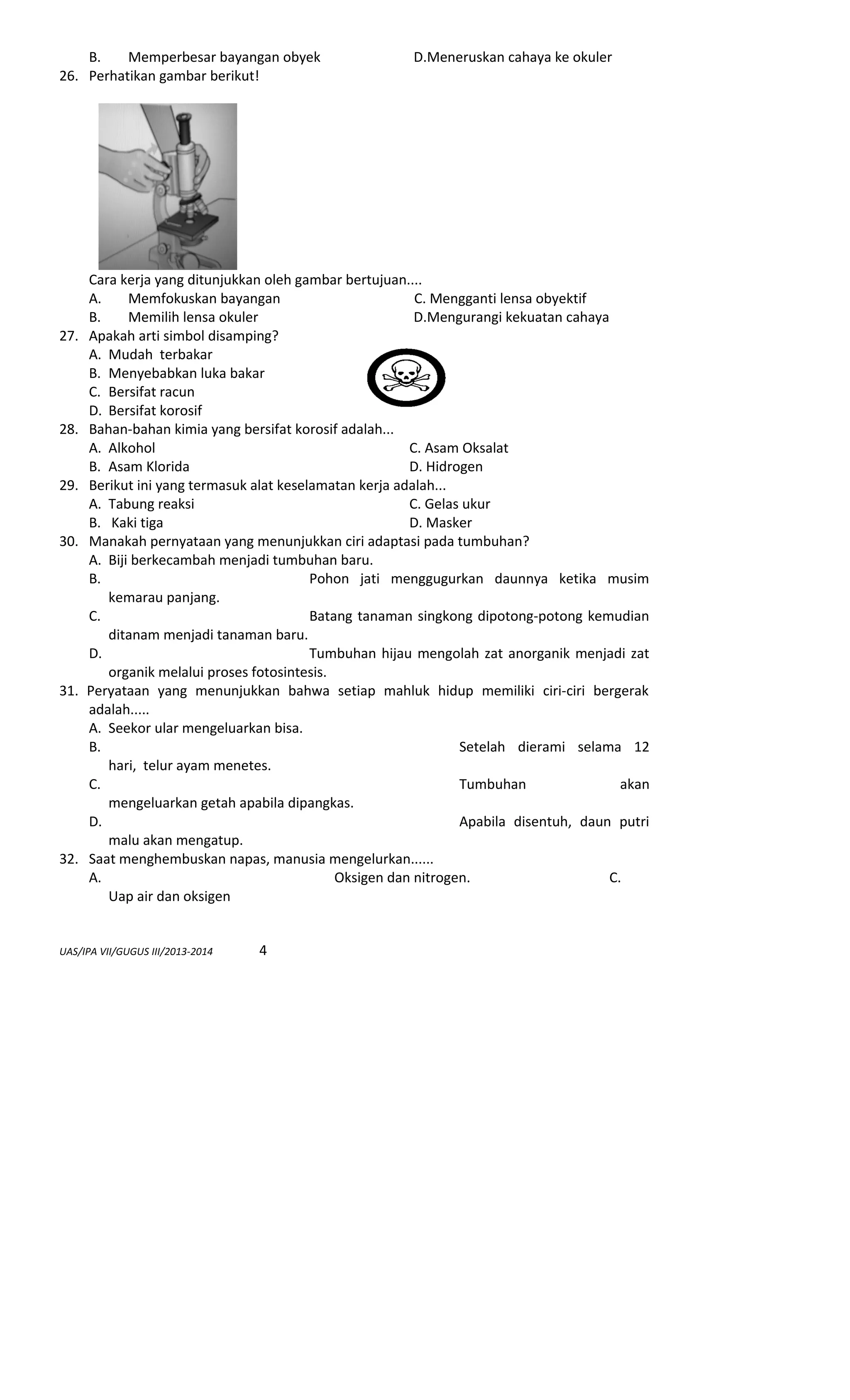NASKAH SOAL UAS IPA SMP KELAS 7 SEM.1 TP.2013-2014 | PDF