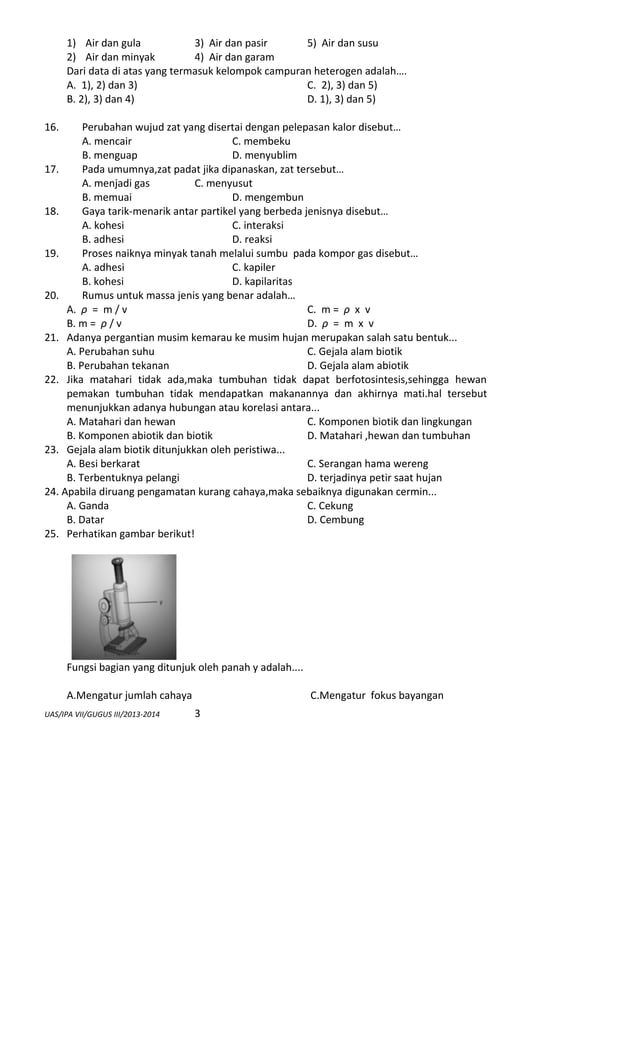 NASKAH SOAL UAS IPA SMP KELAS 7 SEM.1 TP.2013-2014 | PDF