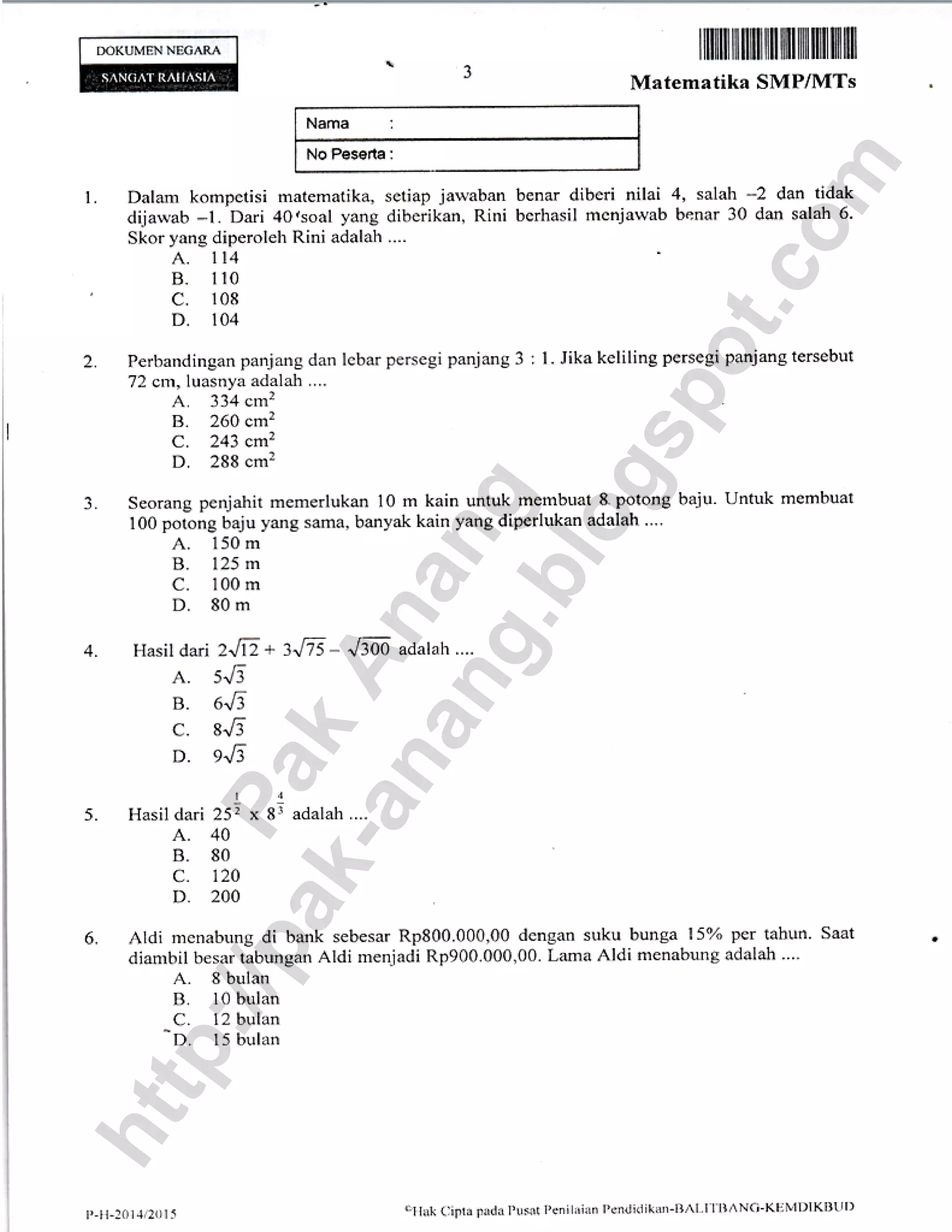 Naskah soal un matematika smp 2015 paket 1 | PDF