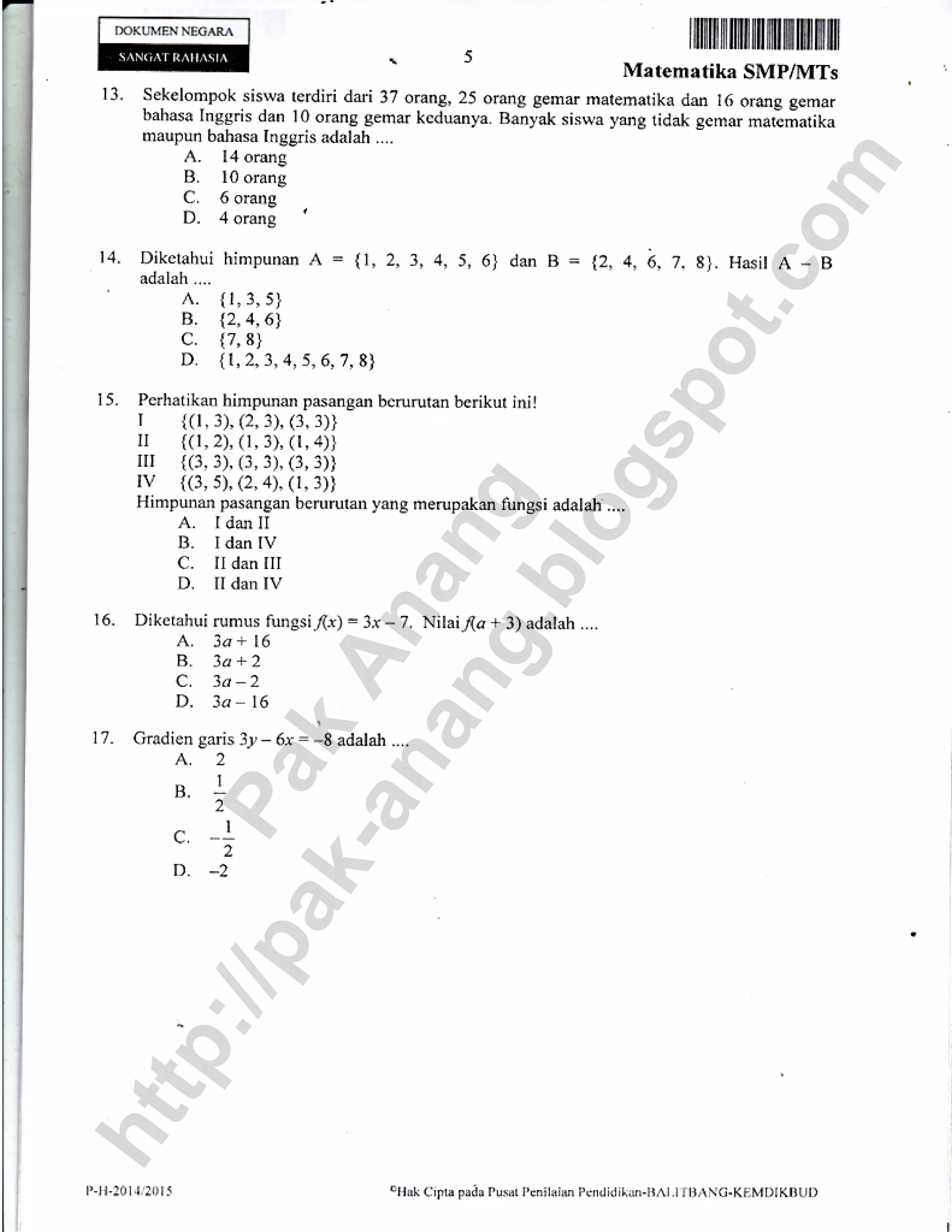 Naskah soal un matematika smp 2015 paket 1 | PDF