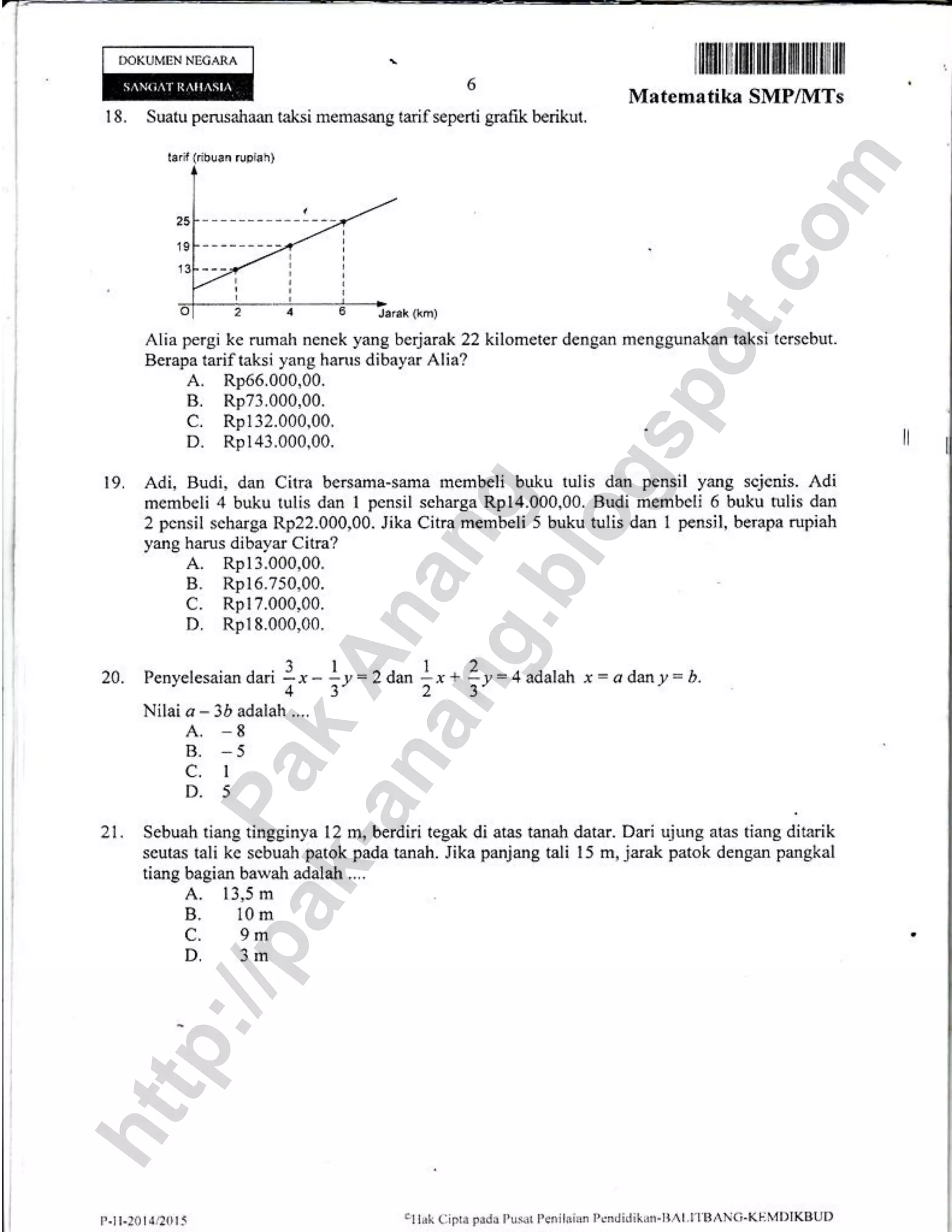 Naskah soal un matematika smp 2015 paket 1 | PDF