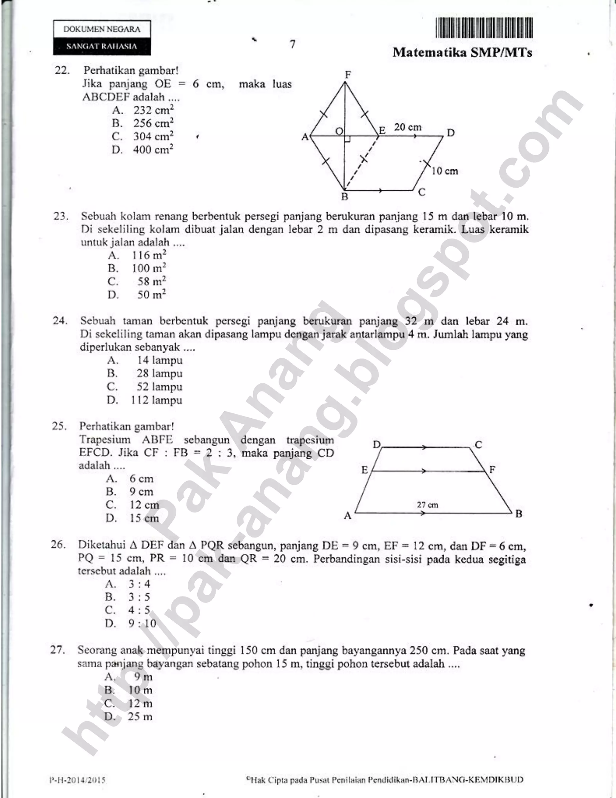 Naskah soal un matematika smp 2015 paket 1 | PDF